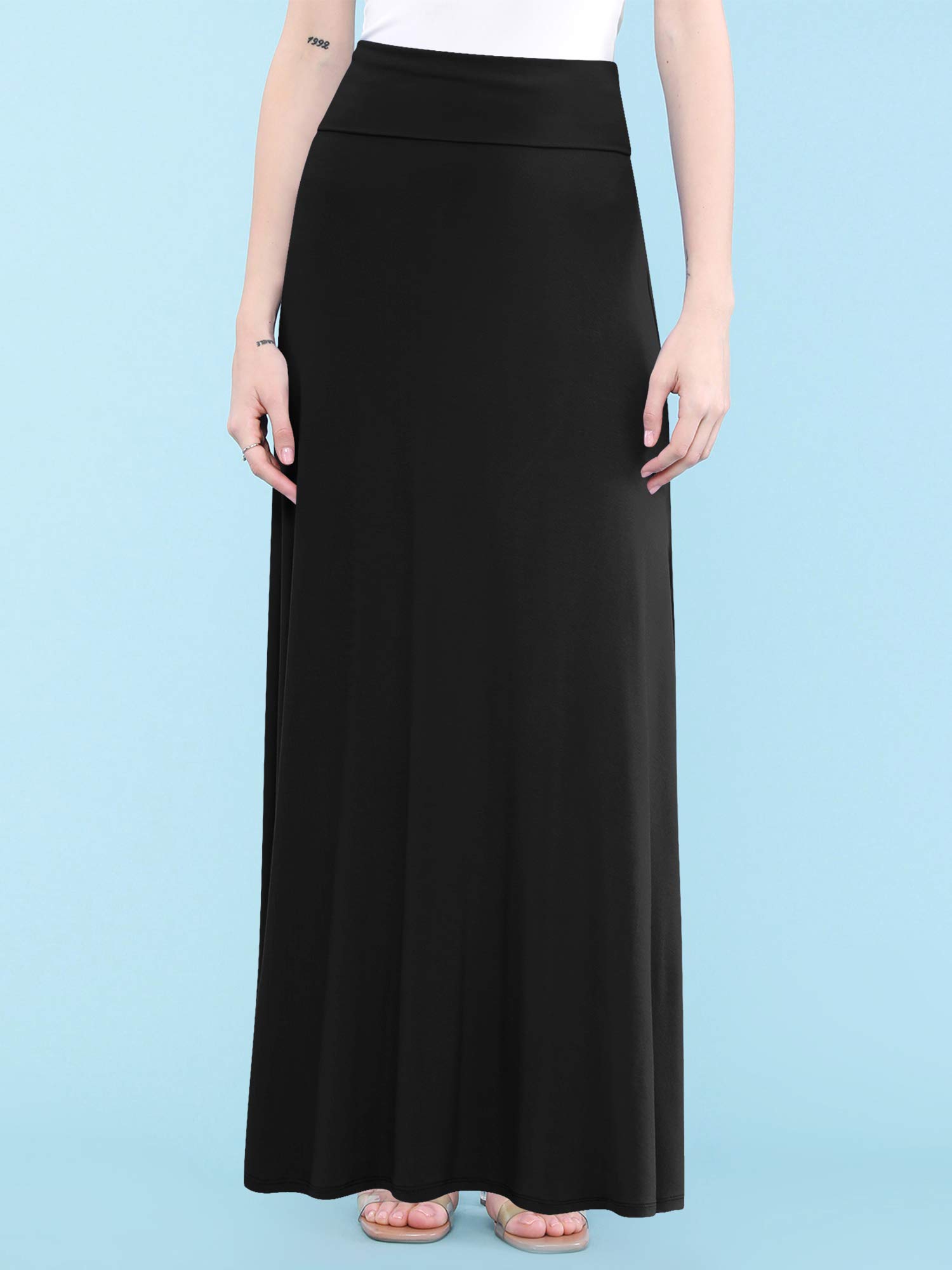 Lock and Love WB670 Womens Fold-Over Maxi Skirt L Black
