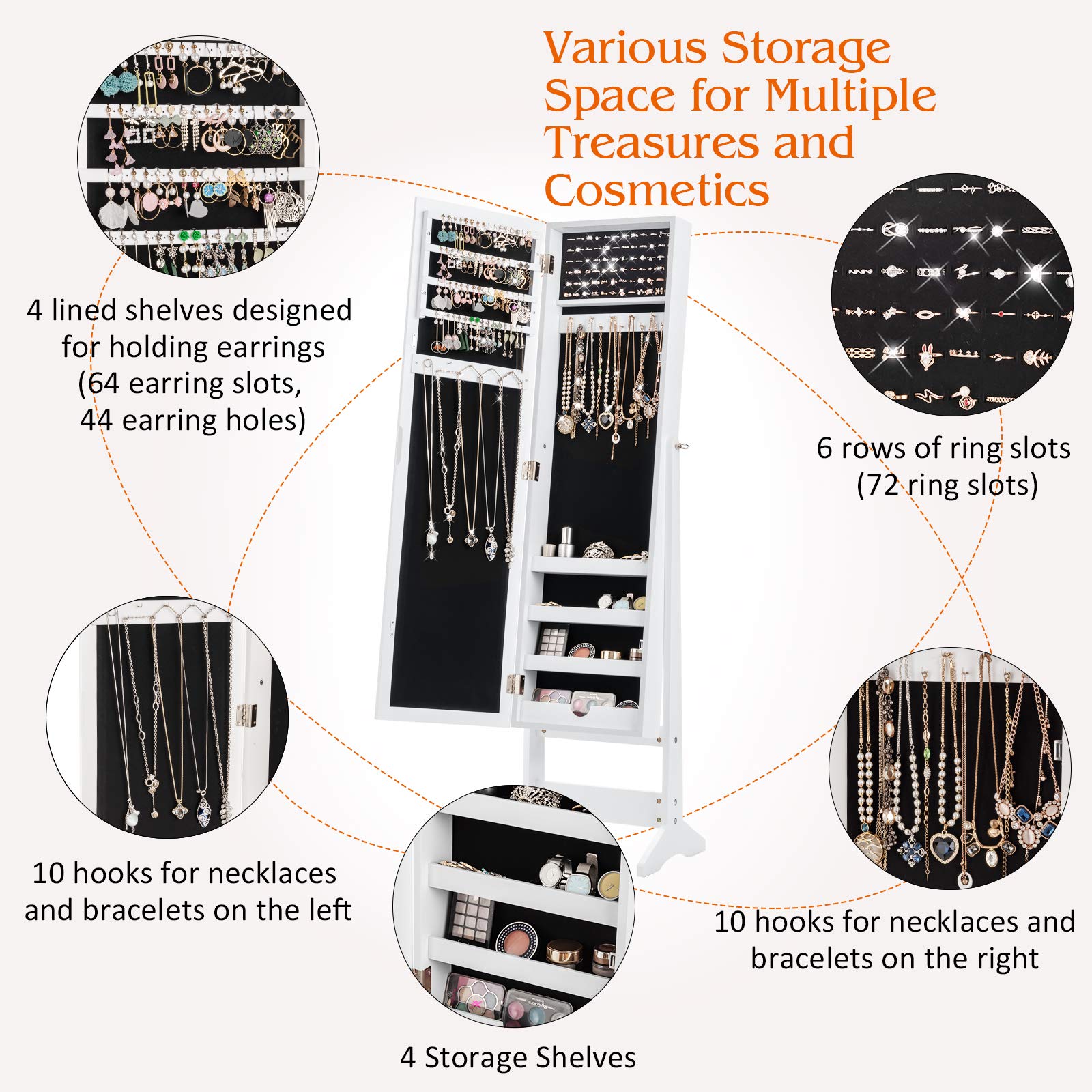 Giantex Jewelry Cabinet with Full-Length Mirror, Standing Jewelry Armoire Organizer with 64 Earring Slots, 72 Ring Slots, 20 Necklace Hooks, 4 Storage Shelves, 3 Angle Adjustable (White)