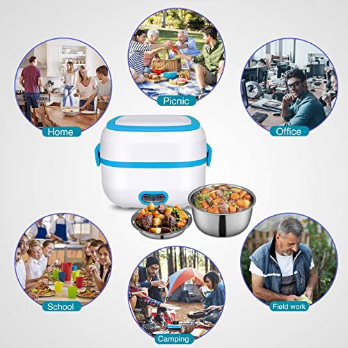 GQU Electric Lunch Box, 3 In 1 Food Heater/Cooker/Steamer with Stainless Steel Bowls, Egg Steaming Tray, Spoon, Measuring Cup for Office, School, Travel