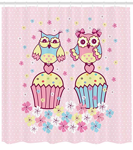 Ambesonne Owls Shower Curtain, 2 Owl Couples on Cupcakes Springtime Happiness Romantic Art, Cloth Fabric Bathroom Decor Set with Hooks, 69" W x 84" L, Pale Pink Sky Blue
