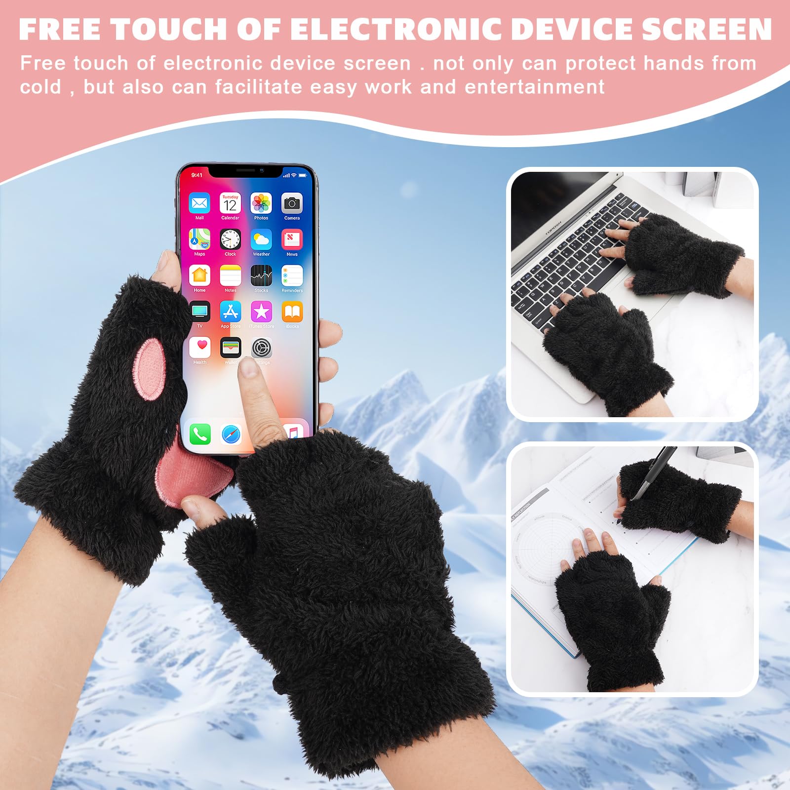 Himine Cat Claw Bear Paw Fingerless Winter Plush Gloves 1*Pair(Black)