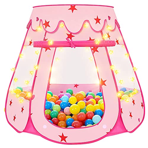 KIDAMI Princess Pop Up Tent with Star Lights for 1 2 3 Year Old Girls Birthday Gift, No Assembly Required, Easy to Fold with Portable Bag, Toddler Baby Girl Toys Kids Ball Pit Indoor Outdoor Playhouse