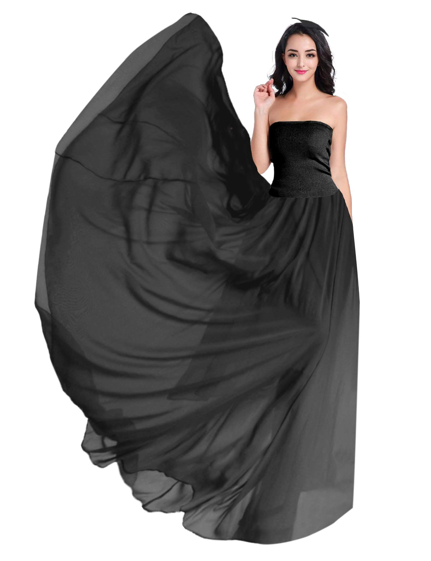 v28 Women Full/Ankle Length Flowy Elastic Retro High Waisted Long Chiffon Maxi Skirt (3XL,Black)