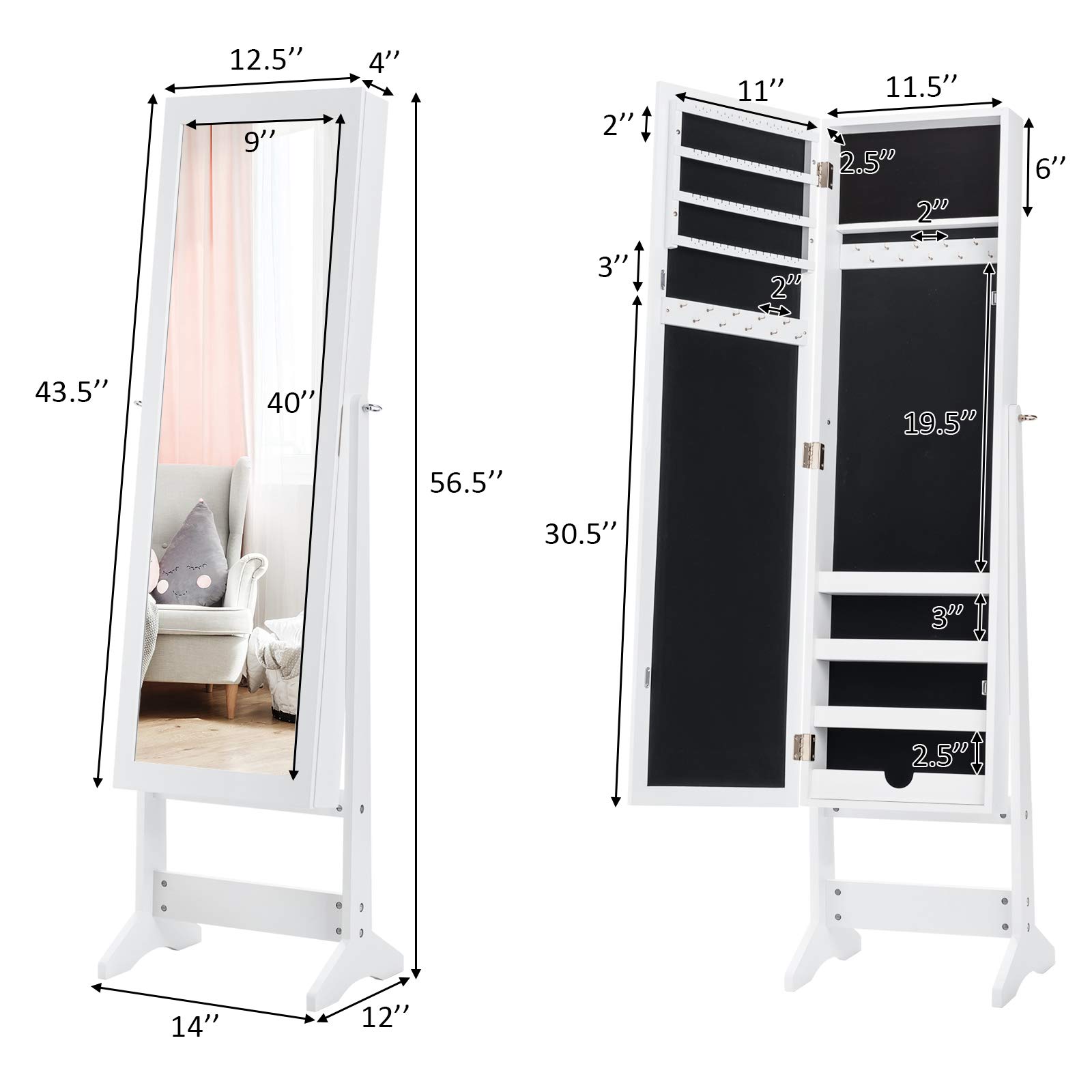 Giantex Jewelry Cabinet with Full-Length Mirror, Standing Jewelry Armoire Organizer with 64 Earring Slots, 72 Ring Slots, 20 Necklace Hooks, 4 Storage Shelves, 3 Angle Adjustable (White)