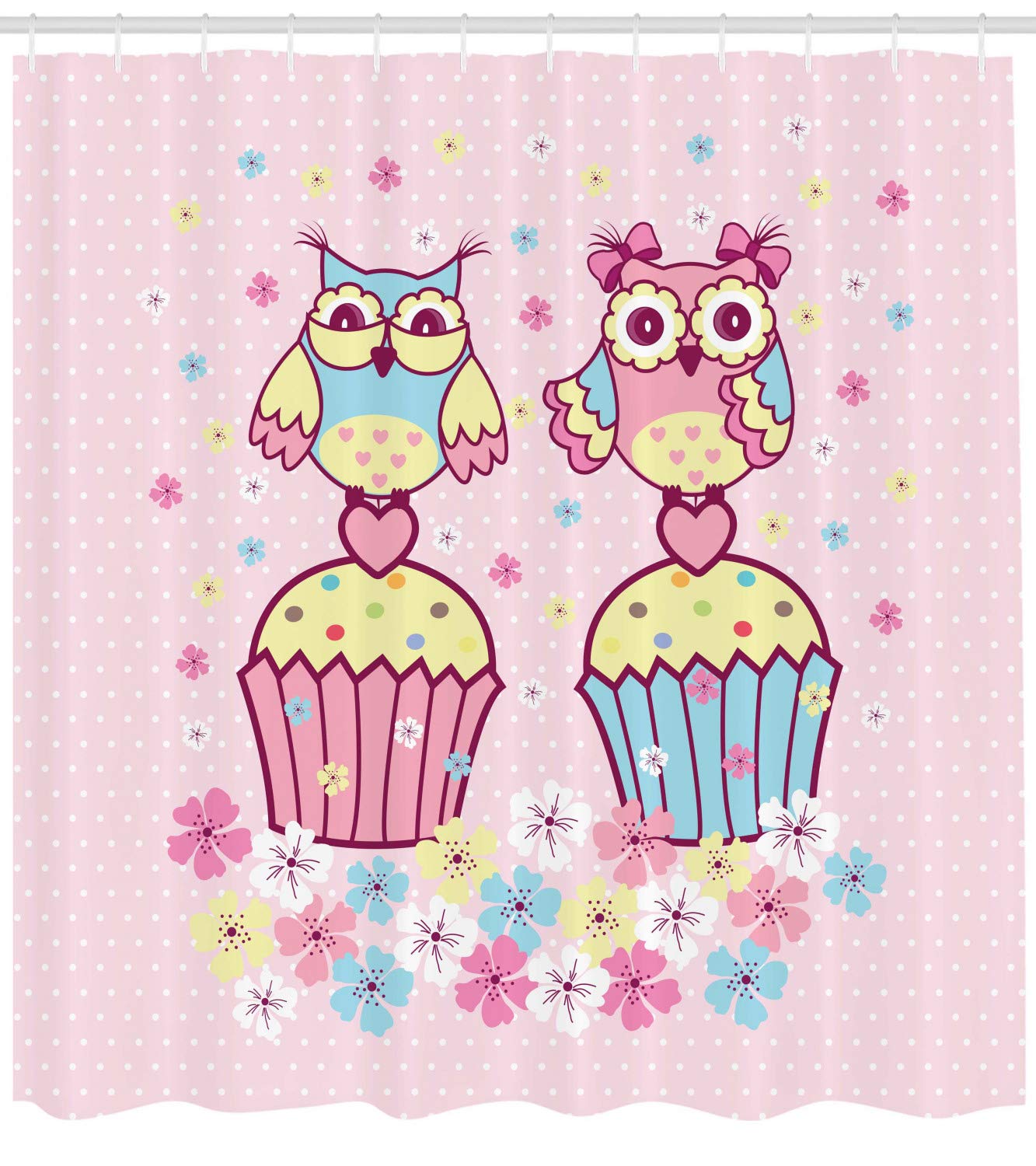 Ambesonne Owls Shower Curtain, 2 Owl Couples on Cupcakes Springtime Happiness Romantic Art, Cloth Fabric Bathroom Decor Set with Hooks, 69" W x 75" L, Pale Pink Sky Blue