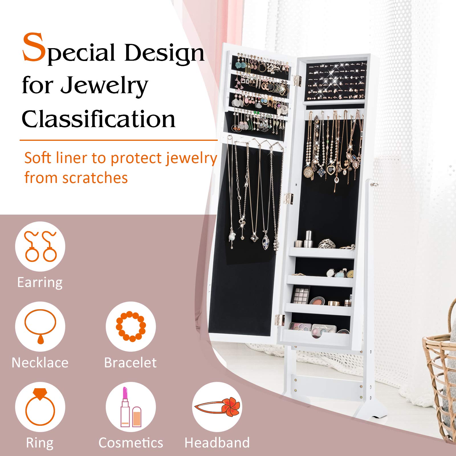 Giantex Jewelry Cabinet with Full-Length Mirror, Standing Jewelry Armoire Organizer with 64 Earring Slots, 72 Ring Slots, 20 Necklace Hooks, 4 Storage Shelves, 3 Angle Adjustable (White)