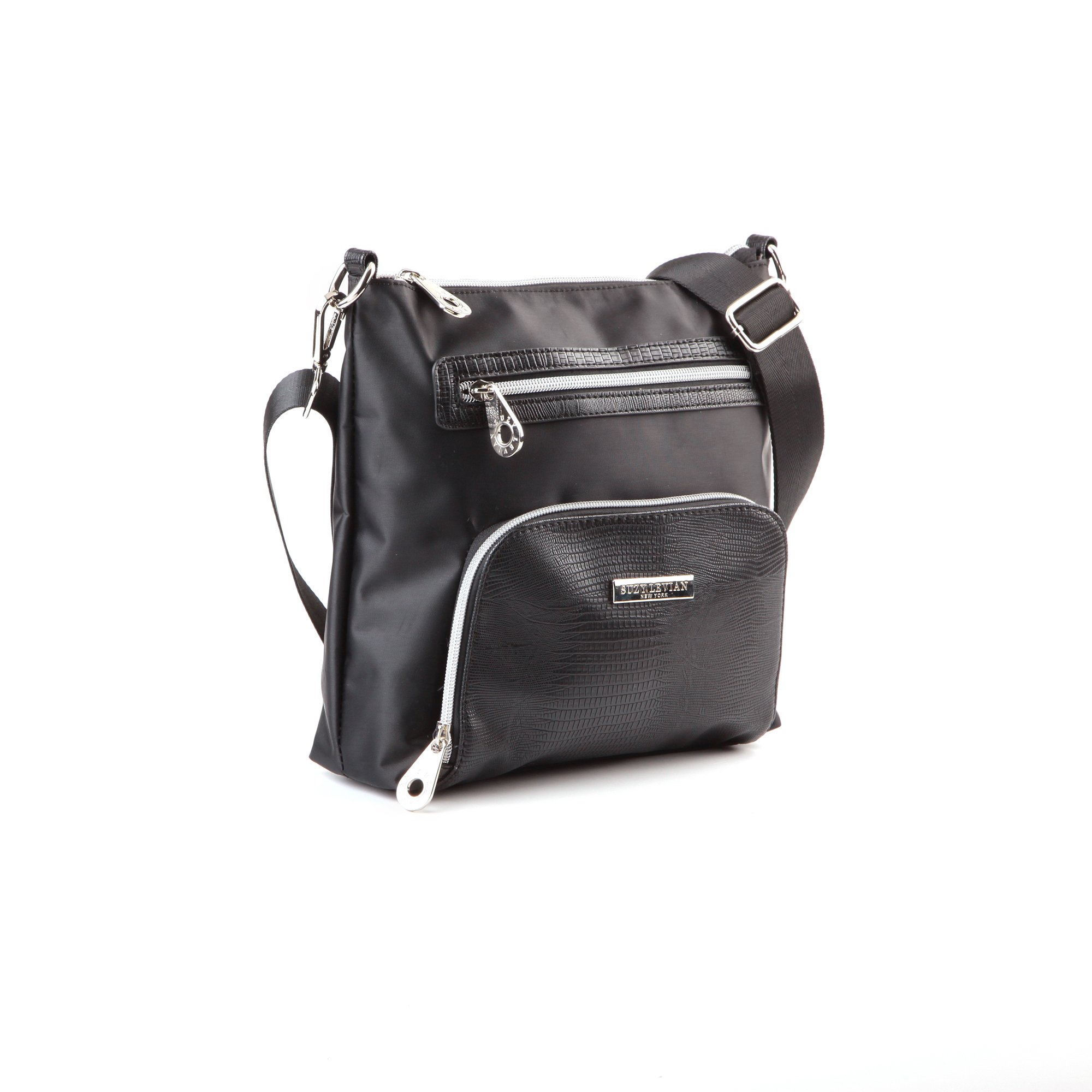 Suzy Levian Black Nylon Faux Crocodile Front Pocket Crossbody Handbag