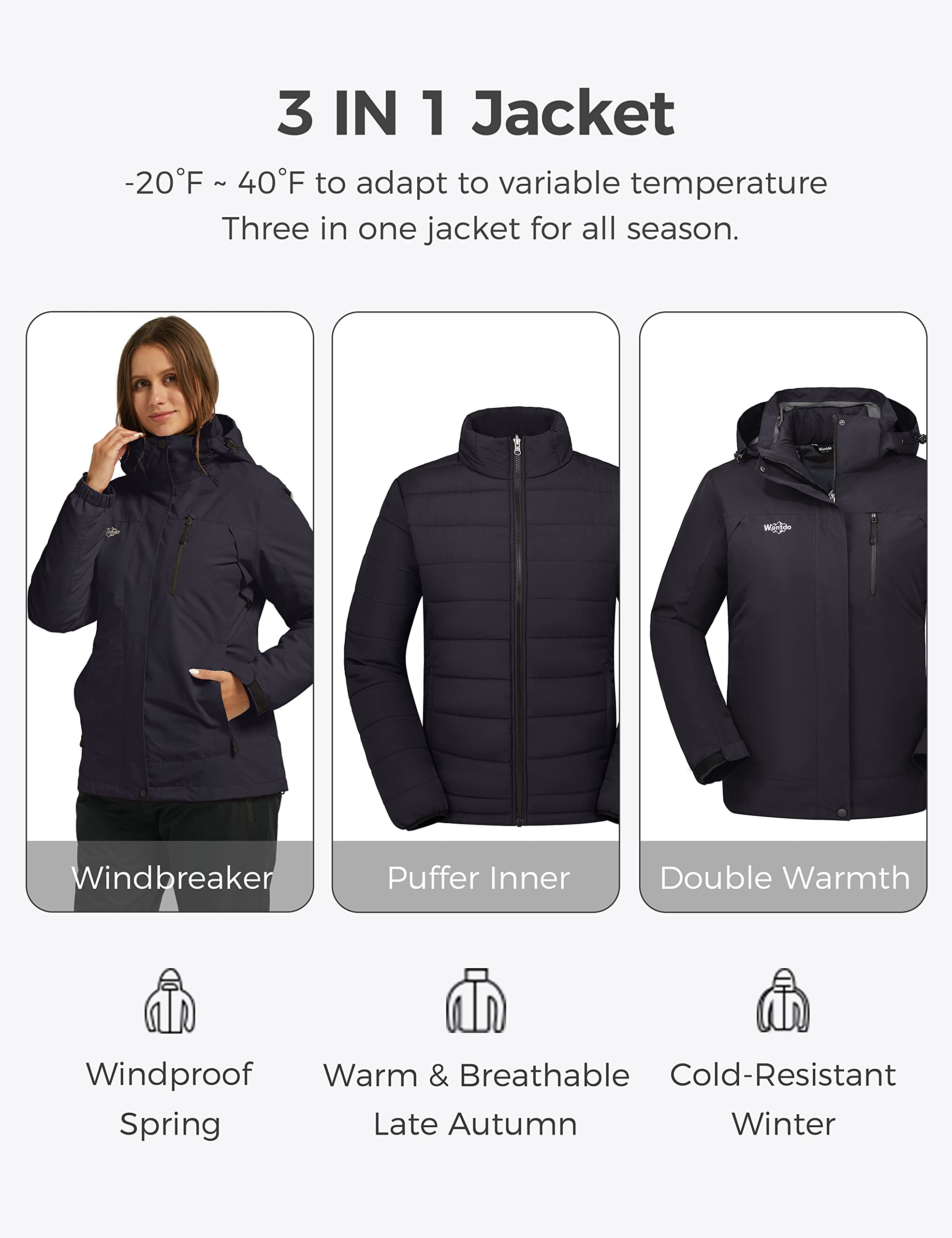 wantdo Women's Warm Winter Snow Coat 3-in-1 Interchange Ski Jacket with Hood Black XL
