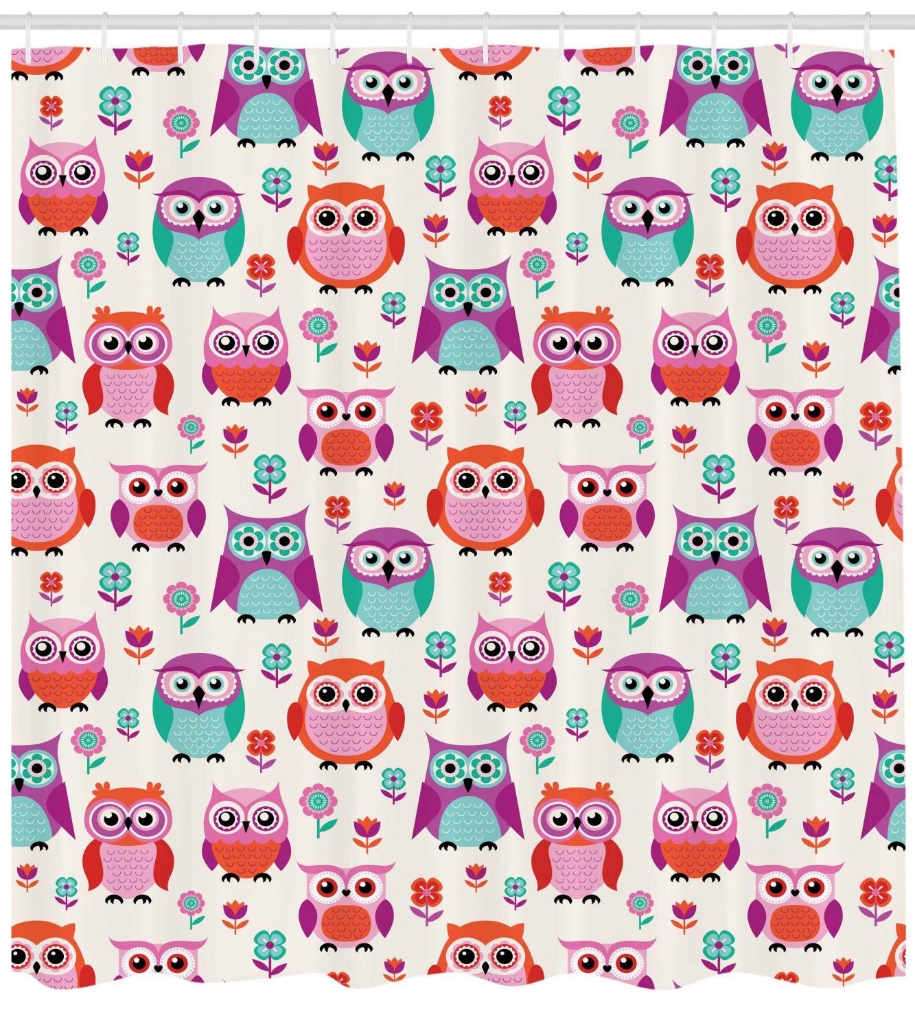 Ambesonne Owls Shower Curtain, Owls Happy Childhood Hipster Modern Repeated Animals Pattern Illustration, Cloth Fabric Bathroom Decor Set with Hooks, 69" W x 70" L, Orange Fuchsia Seafoam
