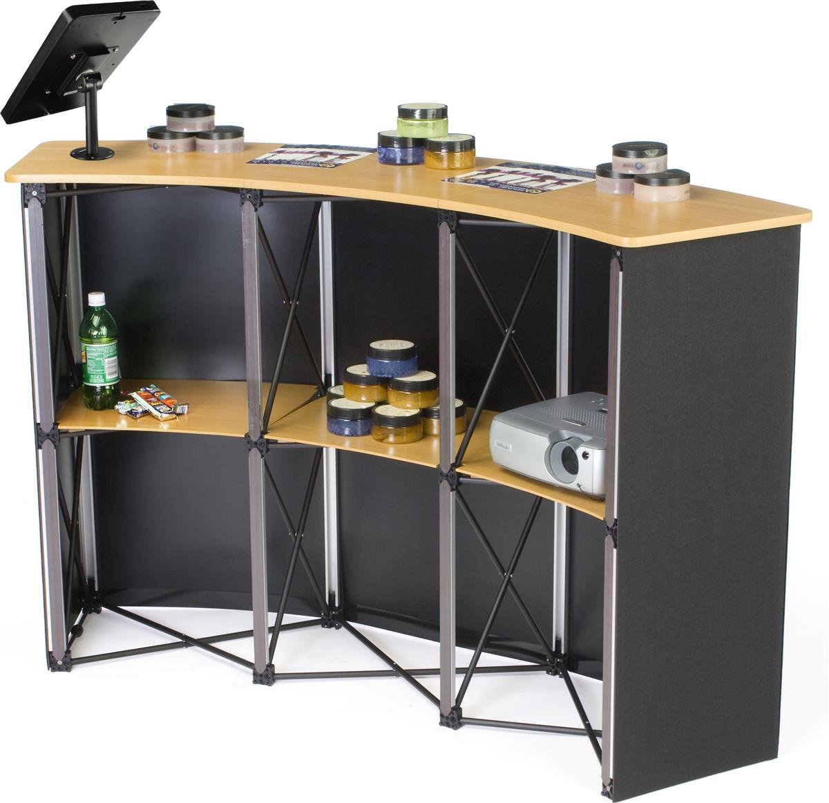 Displays2go Exhibit Tradeshow Counter with iPad Stand β Laminated MDF, Aluminum, Steel, Black Finish with Brown Wood Grain (CTR5IPDGBK)