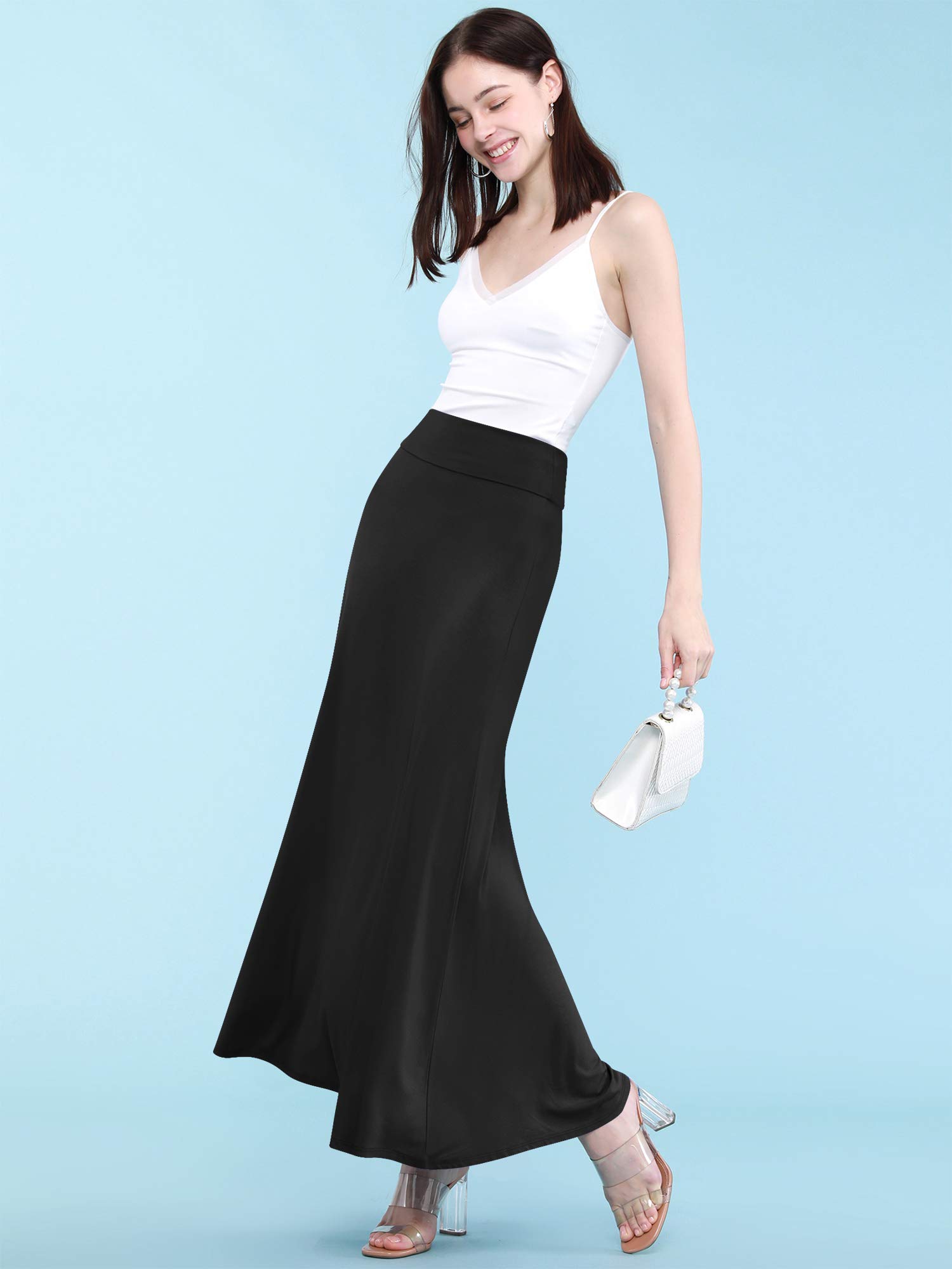 Lock and Love WB670 Womens Fold-Over Maxi Skirt L Black