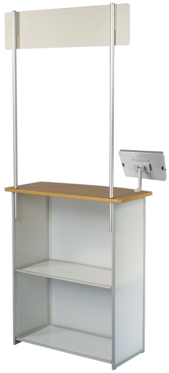 Displays2go Trade Show Display Counter with Mount for iPad – Steel, Corrugated Plastic, MDF, White, Silver Trim, Woodgrain (CTRPIPDCSL)