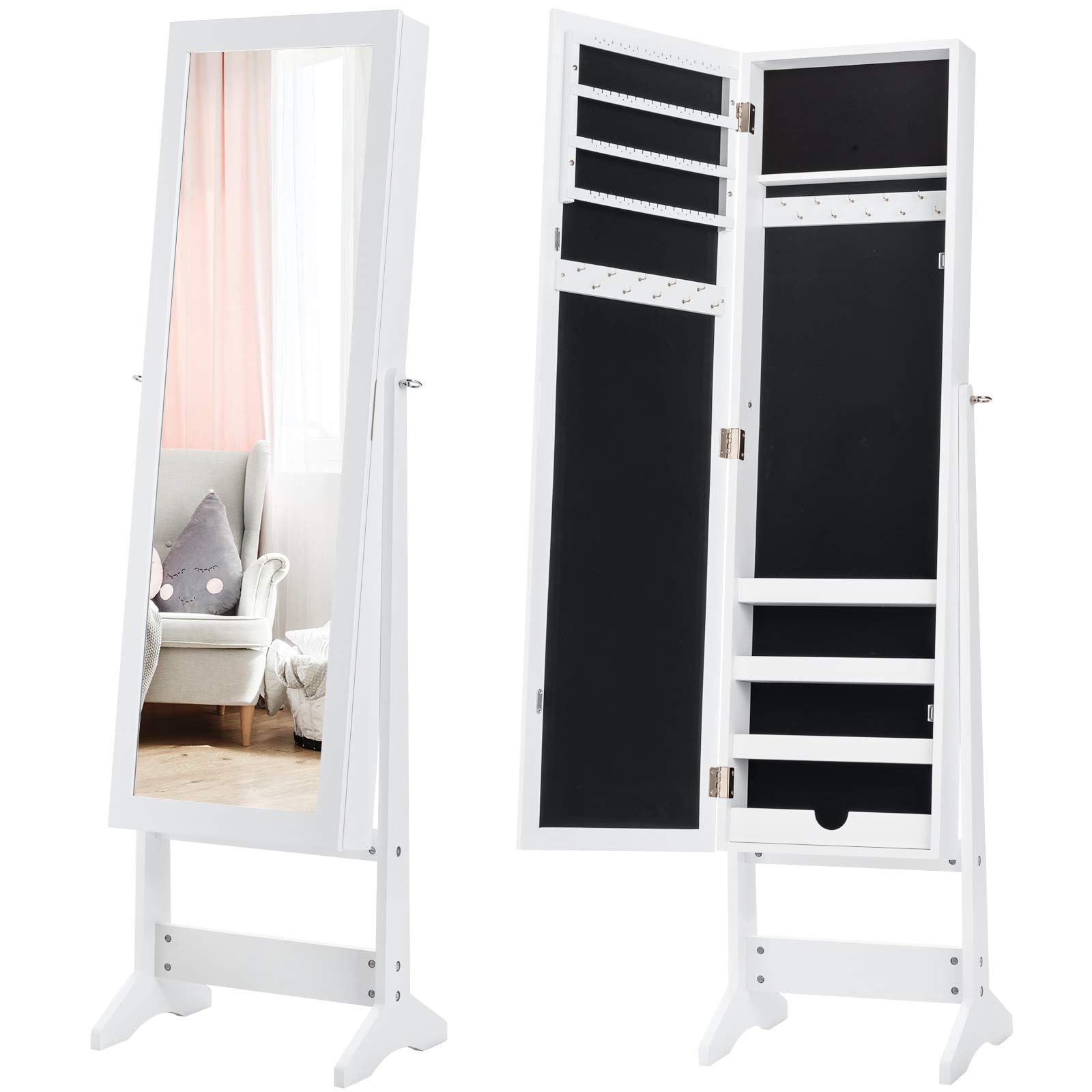 Giantex Jewelry Cabinet with Full-Length Mirror, Standing Jewelry Armoire Organizer with 64 Earring Slots, 72 Ring Slots, 20 Necklace Hooks, 4 Storage Shelves, 3 Angle Adjustable (White)