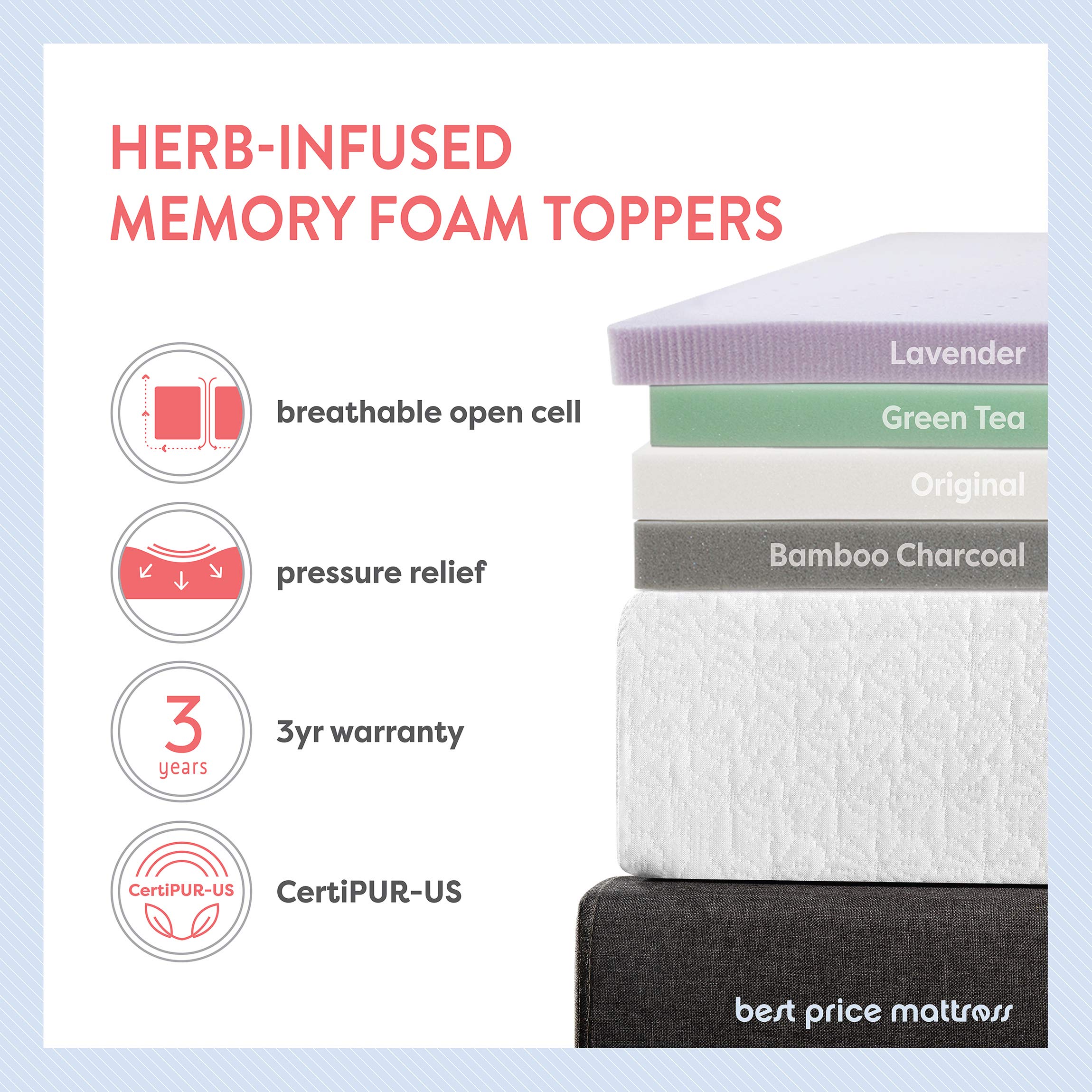 Best Price Mattress 2 Inch Ventilated Memory Foam Mattress Topper, CertiPUR-US Certified, Short Queen,White