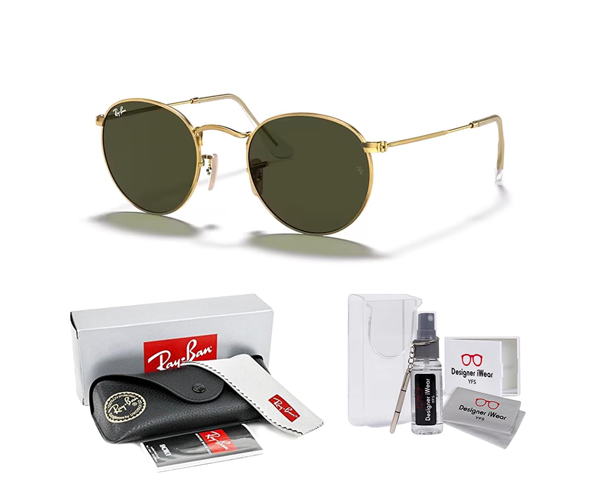 Ray-Ban RB3447 001 47M Gold/Crystal Lens G-15 Green ROUND METAL Sunglasses For Men + BUNDLE with Designer iWear Eyewear Kit (SMALL)