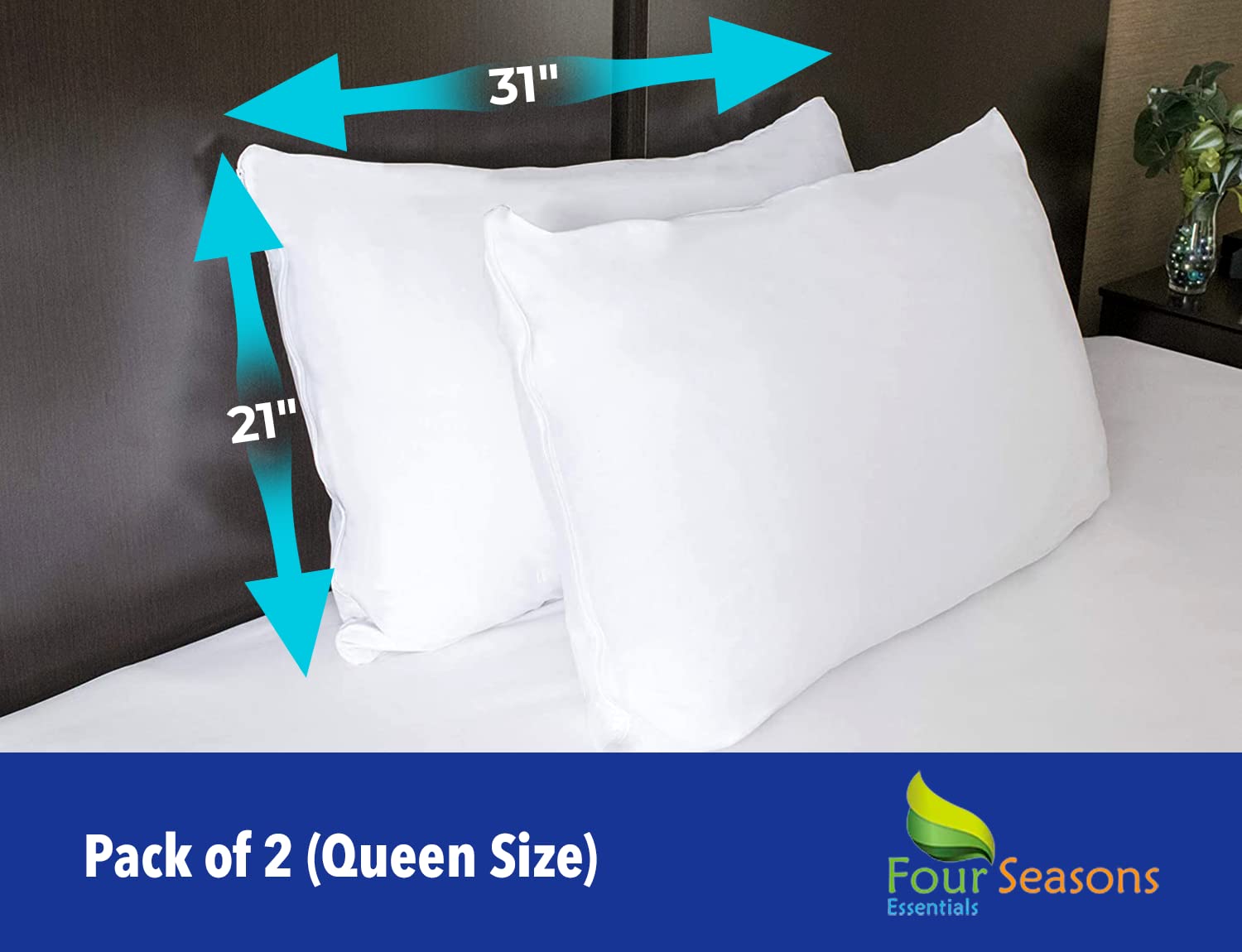 Queen Size Waterproof Pillow Protectors (Set of 2) – Zippered Hypoallergenic Pillowcase Cover Allergen Dust Proof Encasement