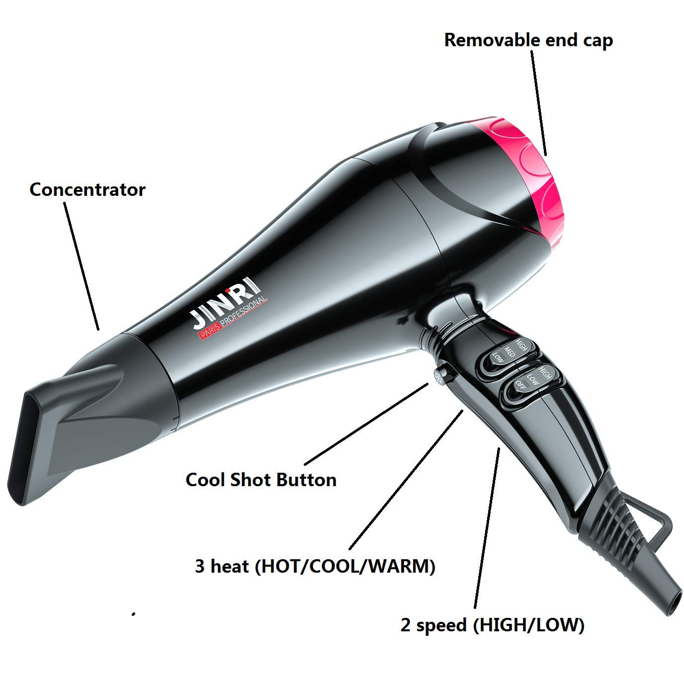 JINRI 1875W Negative Ionic Hair Dryer, Professional Salon Blow Dryer, Low Noise Fast Drying & Powerful AC Motor and Diffuser Comb for Men Women,3 Heat & 2 Speed Settings
