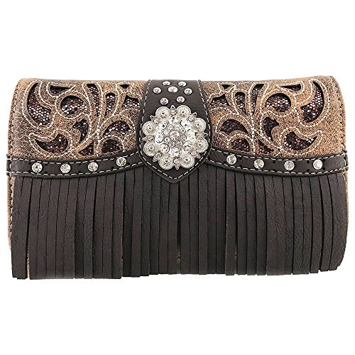 Justin West Rhinestone Concho Western Laser Cut Tooled Wristlet Wallet Shoulder Handbag Purse (Brown Purse and Wallet)