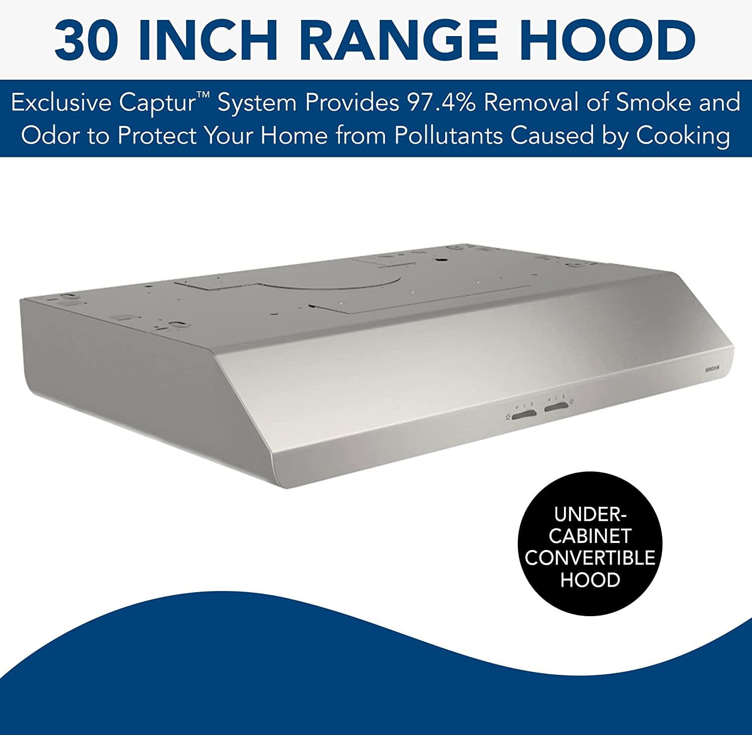 Broan-NuTone BKSH130SS Sahale 30-inch Under-Cabinet Easy Install 4-Way Convertible Range Hood with 2-Speed Exhaust Fan and Light, 300 Max Blower CFM, Stainless Steel