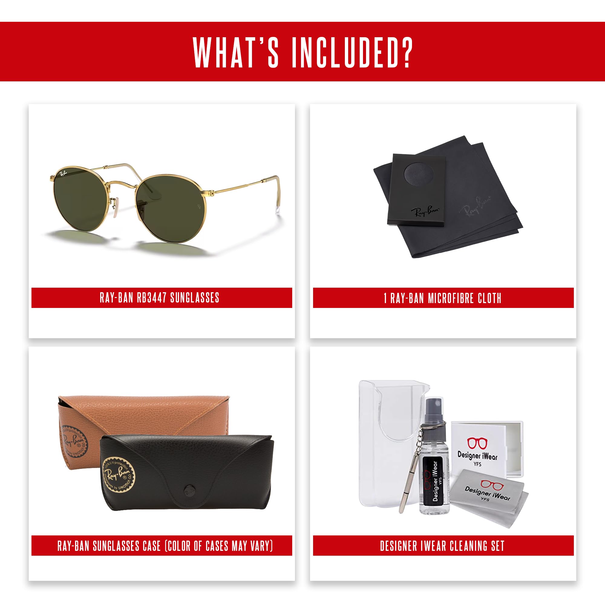 Ray-Ban RB3447 001 47M Gold/Crystal Lens G-15 Green ROUND METAL Sunglasses For Men + BUNDLE with Designer iWear Eyewear Kit (SMALL)