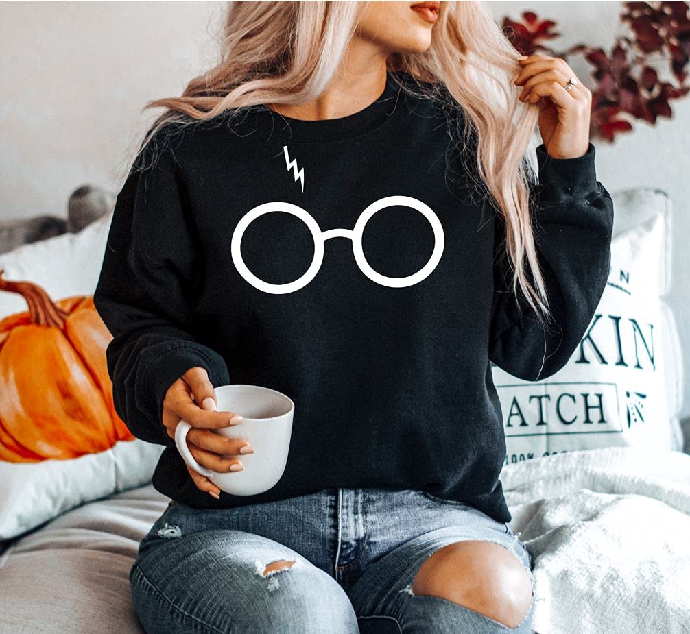 Outlook Designs Glasses and Bolt Fashion Sweatshirt, Wizard Glasses Scar Unisex Crewneck Sweatshirt, XL Black, Multicolored Glasses