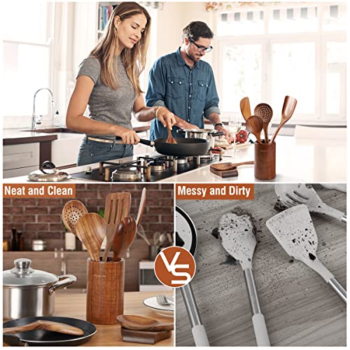 9 PCS Wooden Spoons for Cooking, Wooden Utensils for Cooking with Utensils Holder, Natural Teak Wooden Kitchen Utensils Set with Spoon Rest, Comfort Grip Cooking Utensils Set for Kitchen