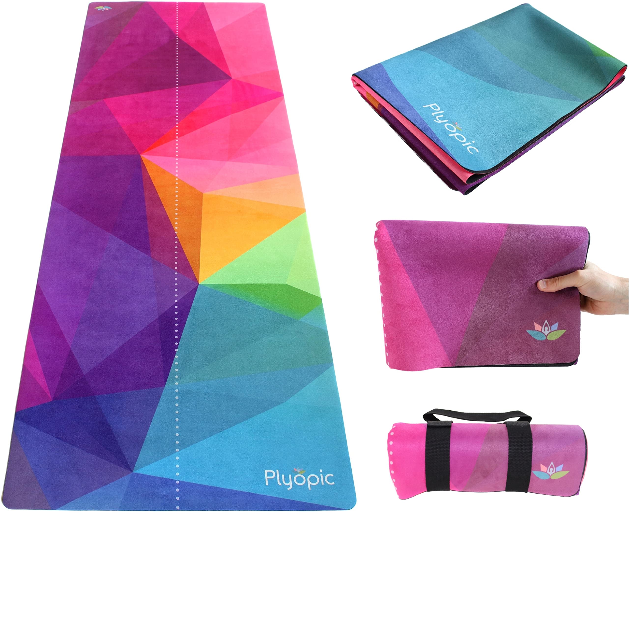 Plyopic. 3-in-1 Travel Yoga Mat/Hot Yoga Towel/Gym Mat Topper. Non-Slip, Portable, Foldable, Washable and Eco-Friendly | 1.5mm Thin | Ideal for Yoga, Hot Yoga, Pilates, Fitness, Exercise and Travel