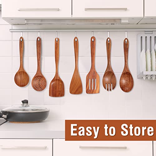 9 PCS Wooden Spoons for Cooking, Wooden Utensils for Cooking with Utensils Holder, Natural Teak Wooden Kitchen Utensils Set with Spoon Rest, Comfort Grip Cooking Utensils Set for Kitchen