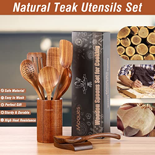 9 PCS Wooden Spoons for Cooking, Wooden Utensils for Cooking with Utensils Holder, Natural Teak Wooden Kitchen Utensils Set with Spoon Rest, Comfort Grip Cooking Utensils Set for Kitchen