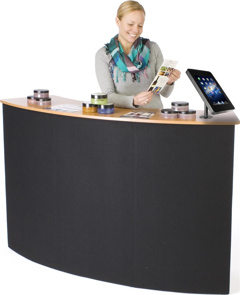 Displays2go Exhibit Tradeshow Counter with iPad Stand β Laminated MDF, Aluminum, Steel, Black Finish with Brown Wood Grain (CTR5IPDGBK)