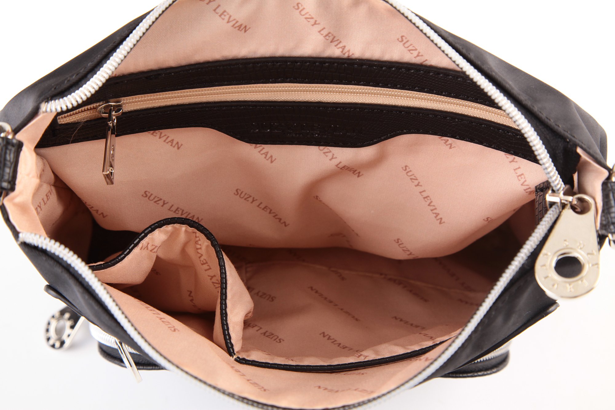 Suzy Levian Black Nylon Faux Crocodile Front Pocket Crossbody Handbag