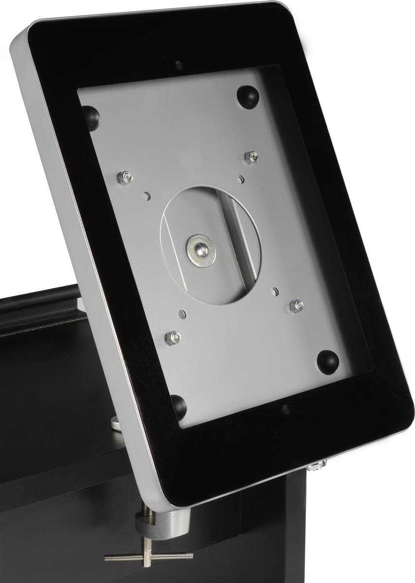 Displays2go Trade Show Display Counter with Mount for iPad – Steel, Corrugated Plastic, MDF, White, Silver Trim, Woodgrain (CTRPIPDCSL)