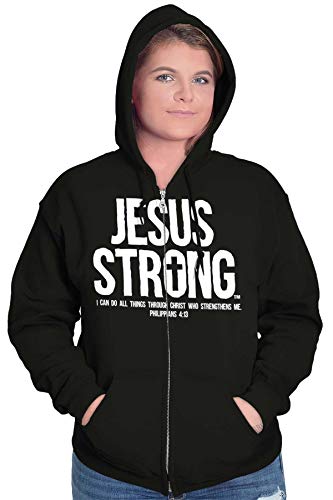 Jesus Strong Philippians 4:13 Bible Zip Up Hoodie Mens Womens Black