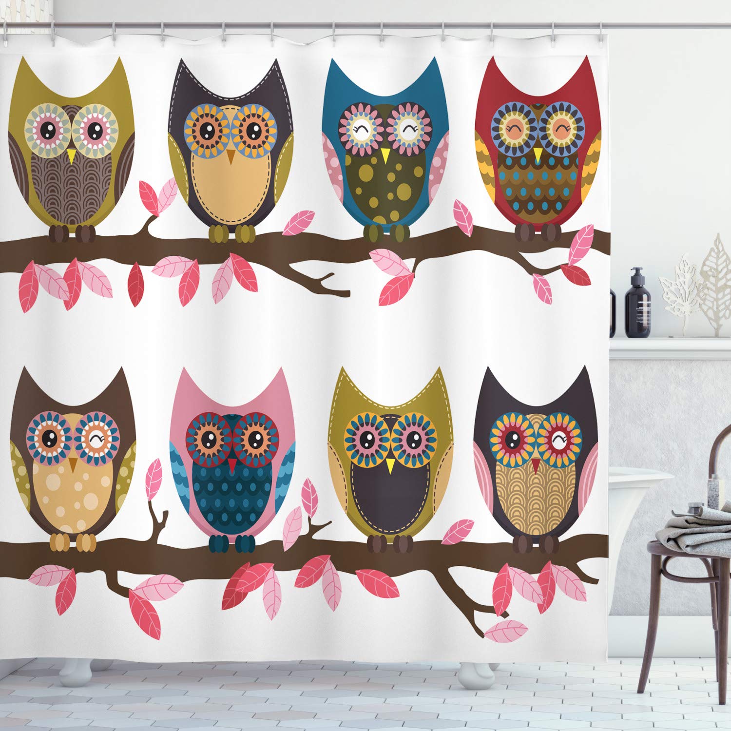 Ambesonne Owls Shower Curtain, Group of Owls Facial Expressions Winking Smiling Vintage Scrapbooking Retro Art, Cloth Fabric Bathroom Decor Set with Hooks, 69" W x 75" L, Multicolor
