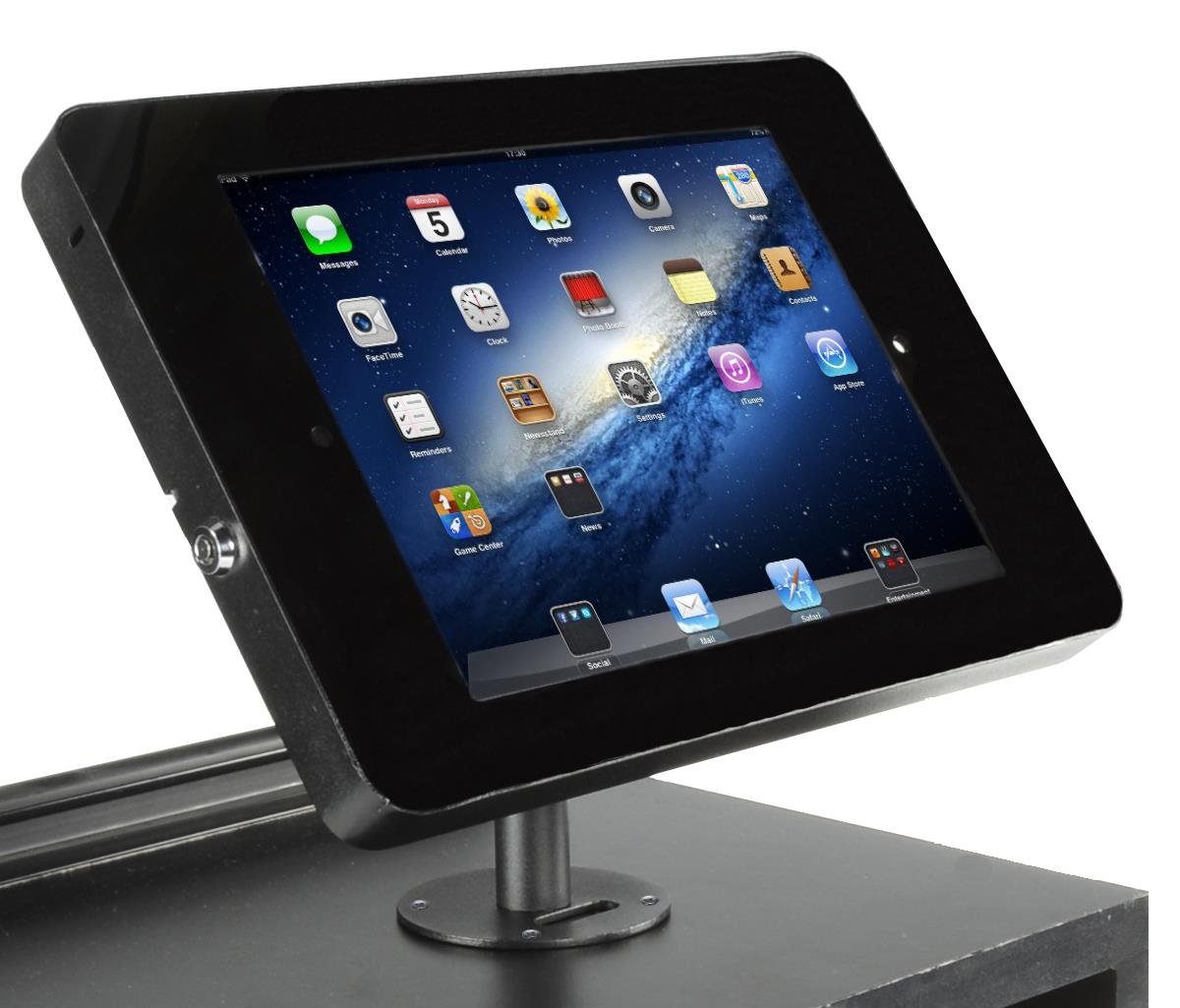 Displays2go Exhibit Tradeshow Counter with iPad Stand β Laminated MDF, Aluminum, Steel, Black Finish with Brown Wood Grain (CTR5IPDGBK)