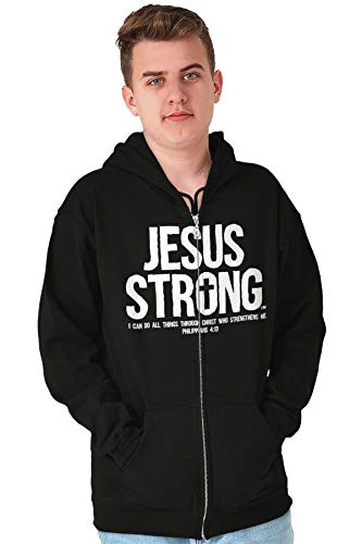 Jesus Strong Philippians 4:13 Bible Zip Up Hoodie Mens Womens Black
