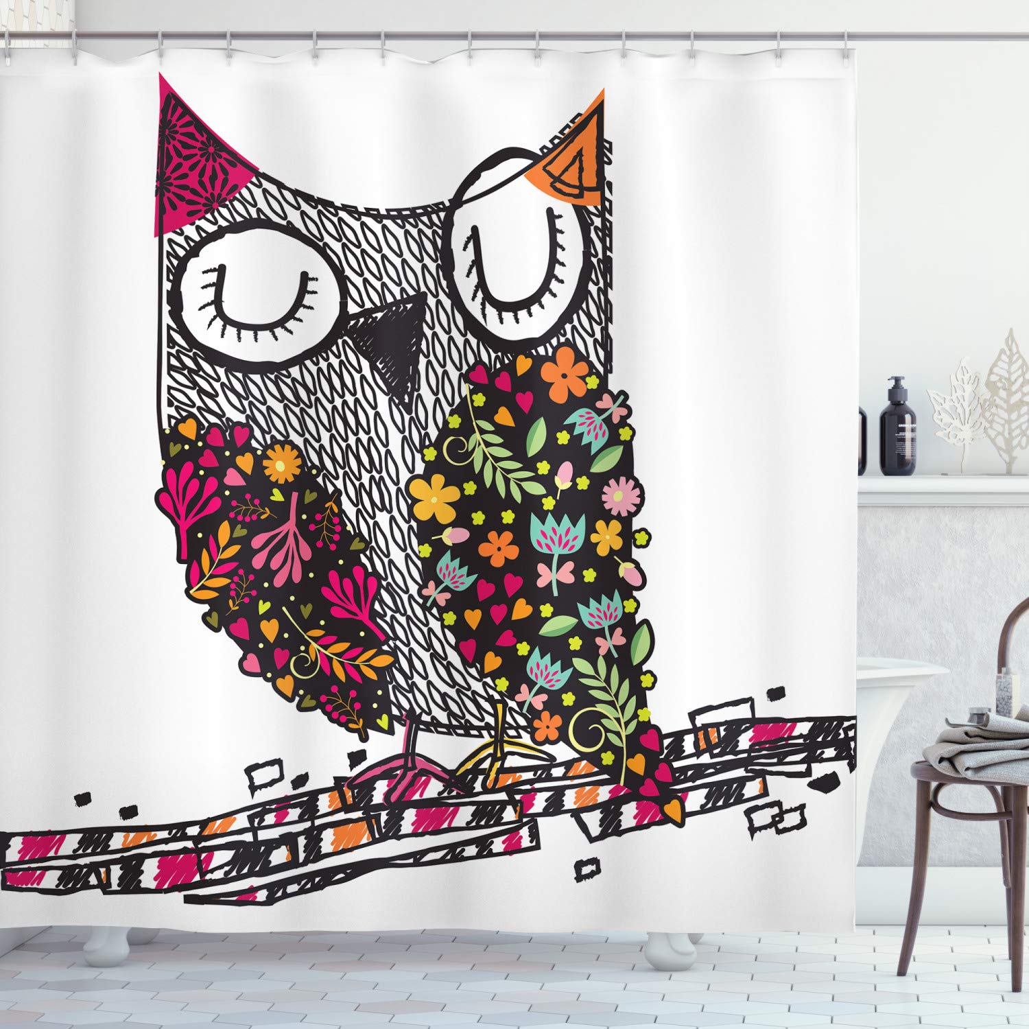 Ambesonne Owls Shower Curtain, Owl Shaped by Geometric Floral Blooms Plants Patterns Colorful Doodle Design, Cloth Fabric Bathroom Decor Set with Hooks, 69" W x 75" L, Multicolor