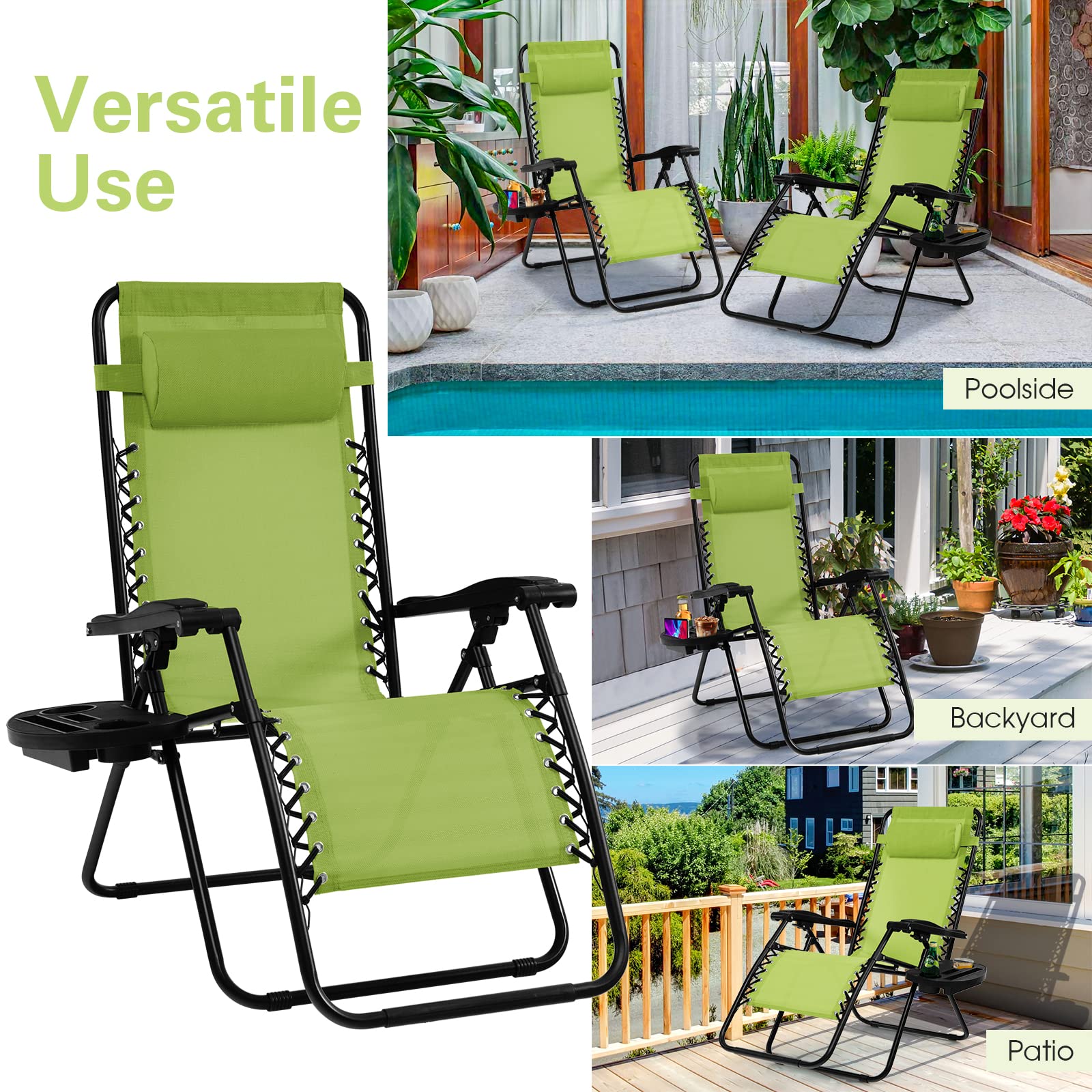 Goplus Zero Gravity Lounge Chairs, 160°Adjustable Folding Recliner w/Pillow and Cup Holder, 350LBS Comfy Outdoor Lounge Chairs for Patio, Lawn, Yard & Camp(1, Green)