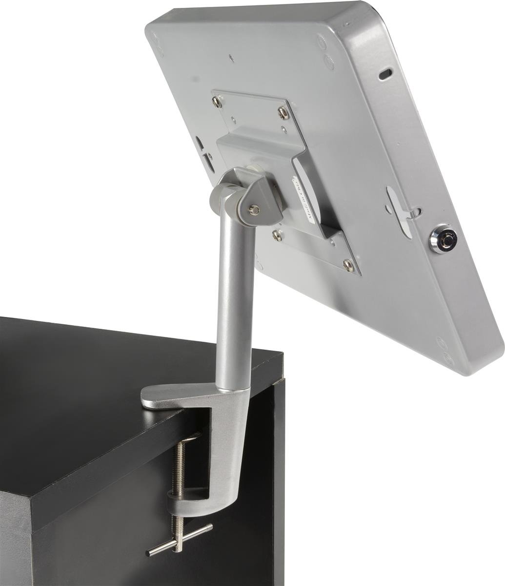Displays2go Trade Show Display Counter with Mount for iPad – Steel, Corrugated Plastic, MDF, White, Silver Trim, Woodgrain (CTRPIPDCSL)