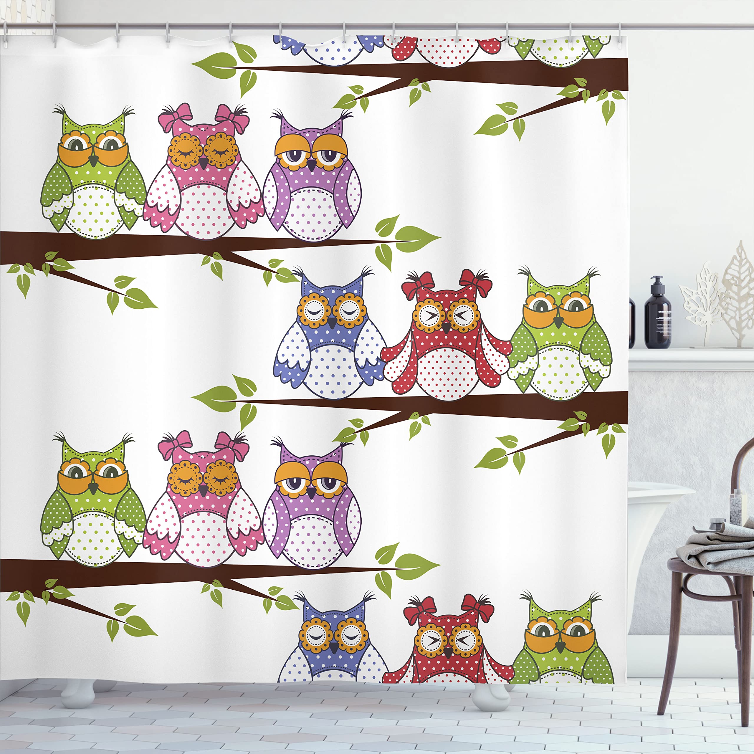Ambesonne Owls Shower Curtain, Owls on The Tree Branches Sitting in Horizontal Line Friendship Event Themed Artwork, Cloth Fabric Bathroom Decor Set with Hooks, 69" W x 70" L, White Multicolor