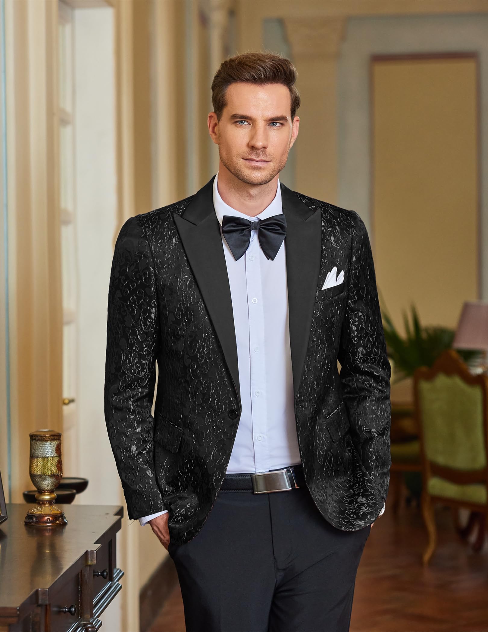 COOFANDY Men's Floral Party Dress Suit Stylish Dinner Jacket Wedding Blazer One Button Tuxdeo Black US S