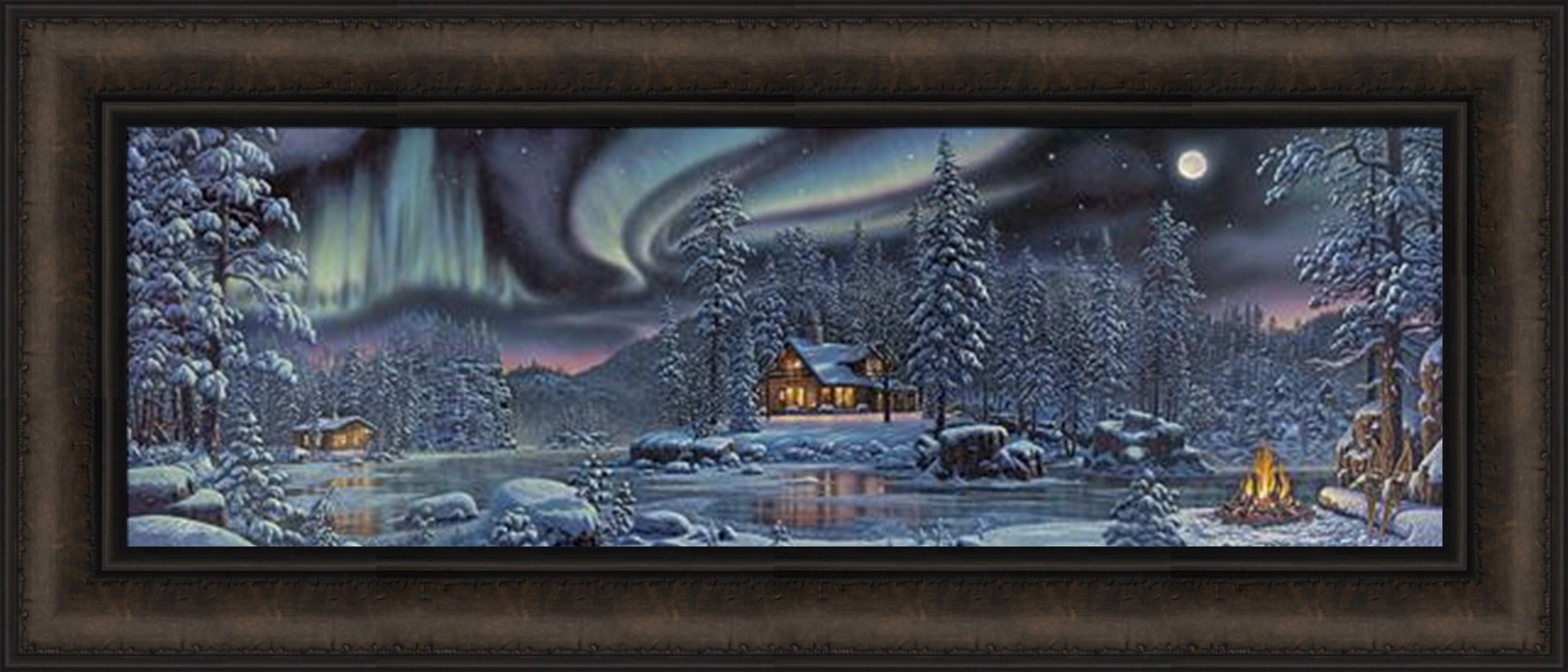 Rivers of Light Trilogy II by Kim Norlien 12x28 Aurora Borealis Winter Log Cabin Snow Moon Lake Campfire Framed Art Print Picture