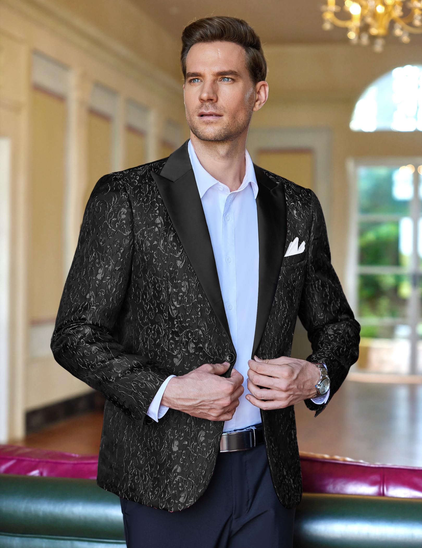 COOFANDY Men's Floral Party Dress Suit Stylish Dinner Jacket Wedding Blazer One Button Tuxdeo Black US S