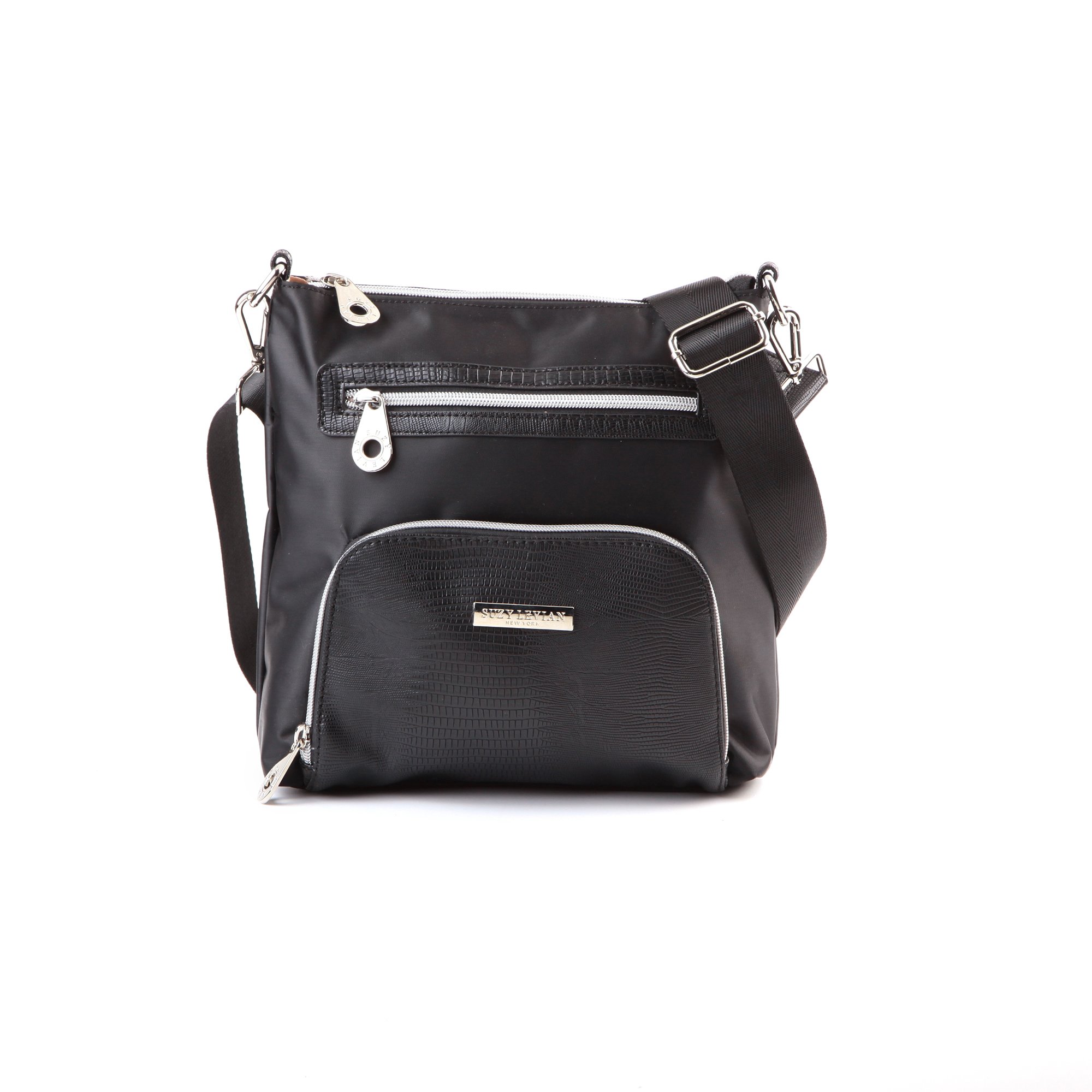 Suzy Levian Black Nylon Faux Crocodile Front Pocket Crossbody Handbag