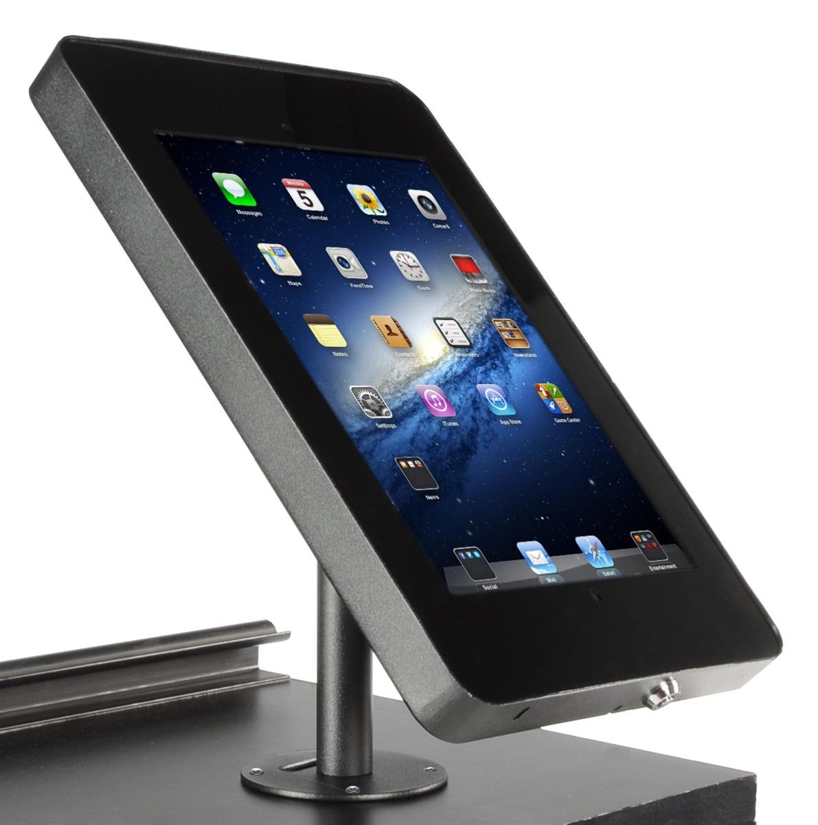 Displays2go Exhibit Tradeshow Counter with iPad Stand β Laminated MDF, Aluminum, Steel, Black Finish with Brown Wood Grain (CTR5IPDGBK)