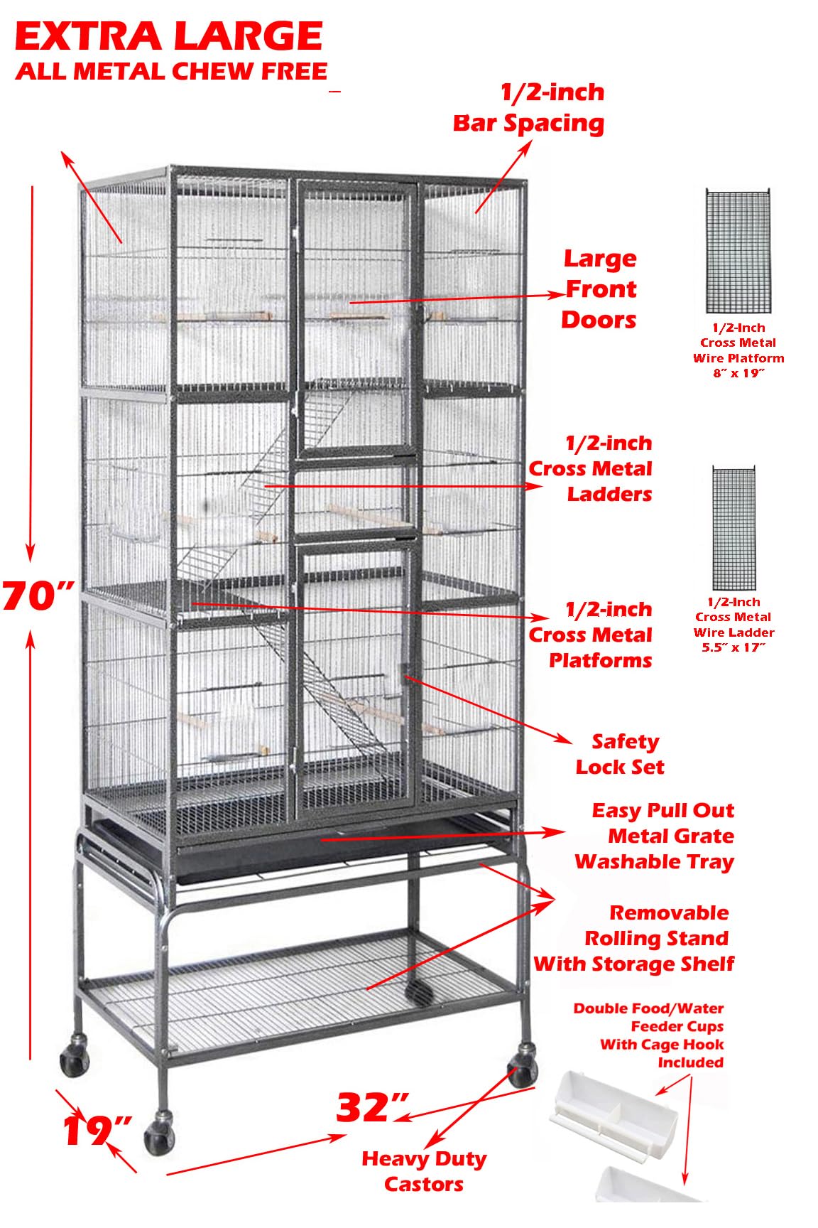 70" Extra Large Chew-Proof Wrought Iron 4-Levels Tight 1/2-Inch Bar Spacing for Ferret Chinchilla Sugar Glider Home Cage Easy to Clean Pull Out Tray with Removable Stand on Wheels