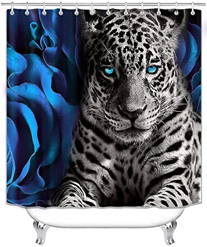 jieprom 4PCS Blue Rose and Leopard Shower Curtain Set with Non-Slip Rugs, Toilet Lid Cover and Bath Mat, Animal Shower Curtain with 12 Hooks, Durable Waterproof Bathroom Decor Set