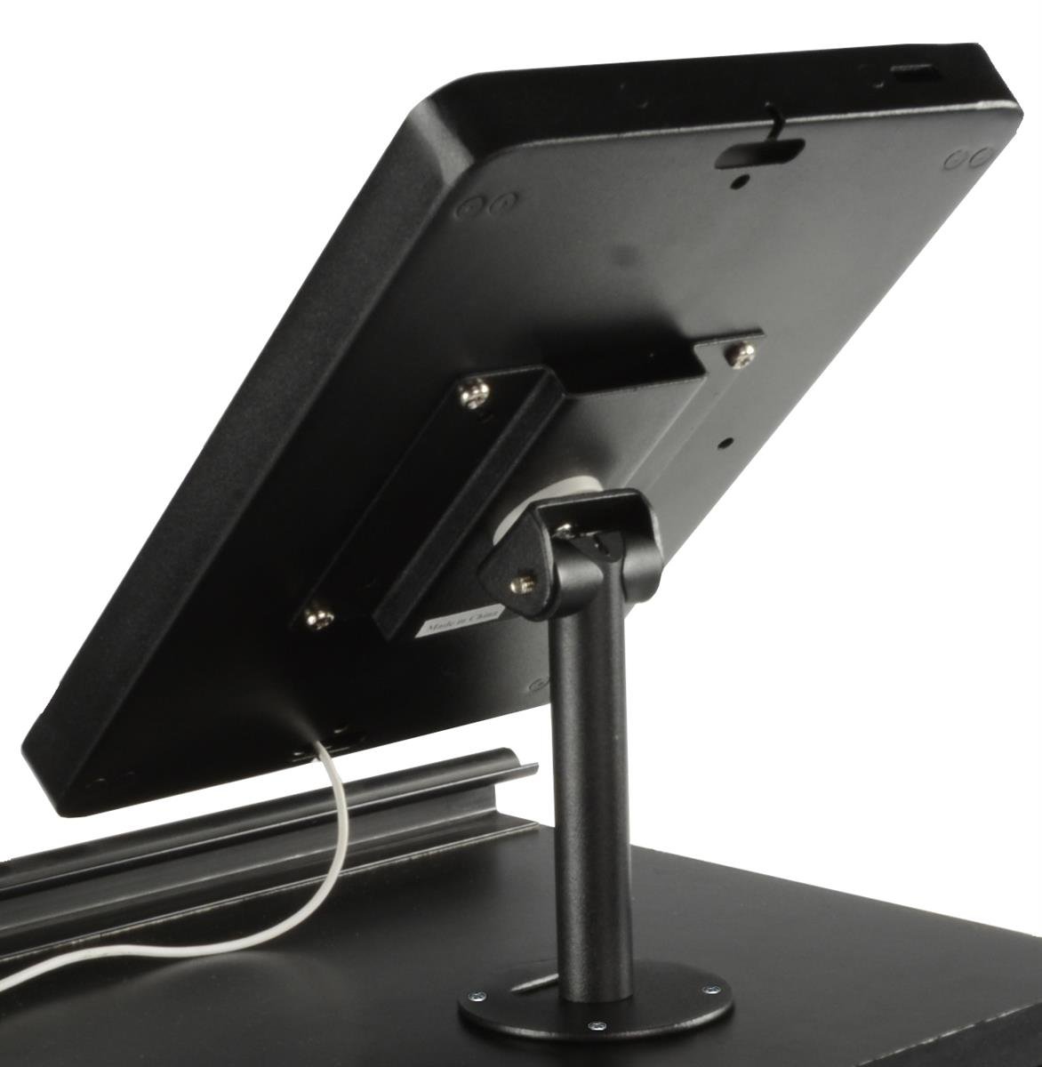 Displays2go Exhibit Tradeshow Counter with iPad Stand β Laminated MDF, Aluminum, Steel, Black Finish with Brown Wood Grain (CTR5IPDGBK)