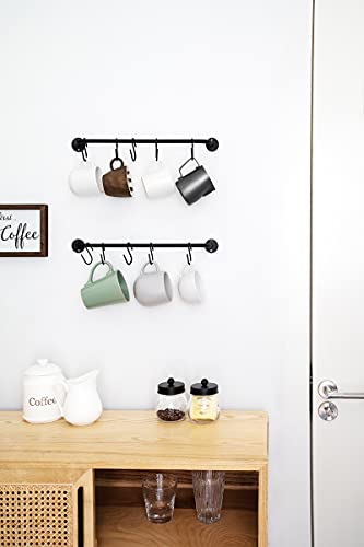 Mkono Mug Holder Wall Mounted Coffee Cup Rack Hanger Modern Metal Wall Rack with 10 Mug Hooks Rustic Utensil Tea Cups Storage Organizer for Kitchen Dining Room Coffee Bar, Set of 2, Black