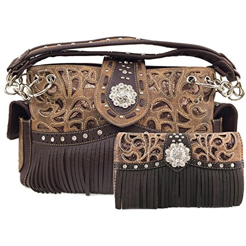 Justin West Rhinestone Concho Western Laser Cut Tooled Wristlet Wallet Shoulder Handbag Purse (Brown Purse and Wallet)